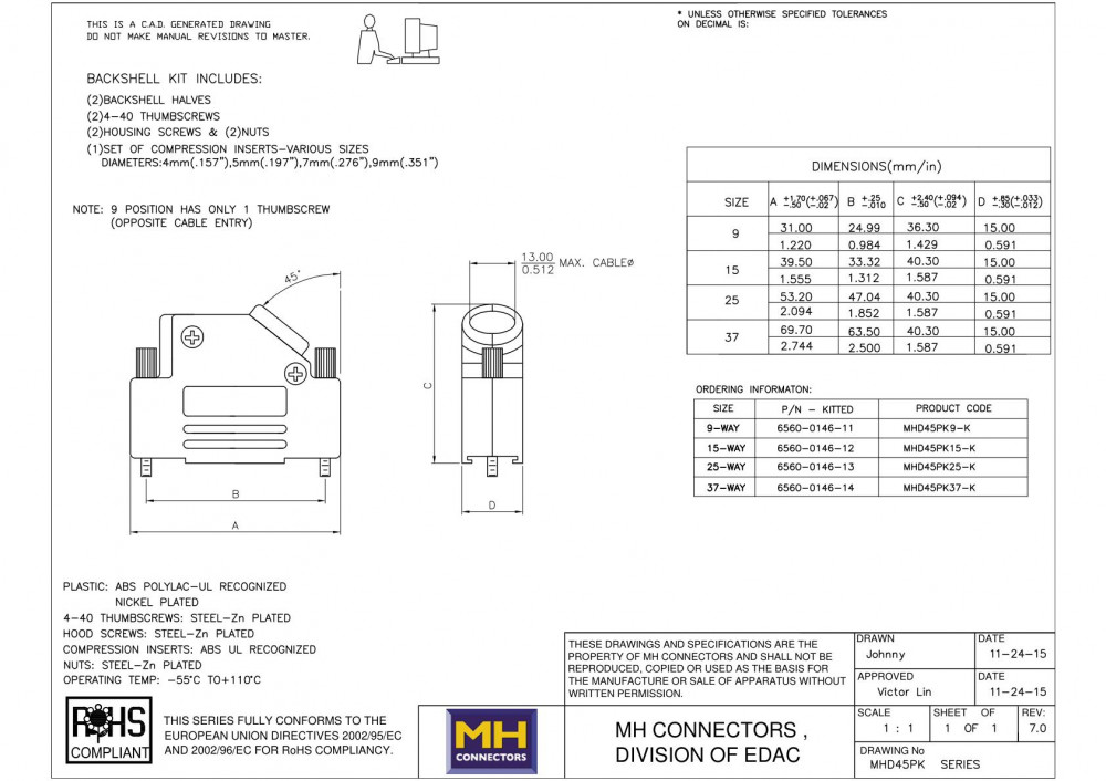 MH CONNECTORS MHD45PK series technical drawing