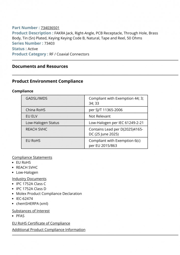 Product document image 1 for MOLEX 734036501
