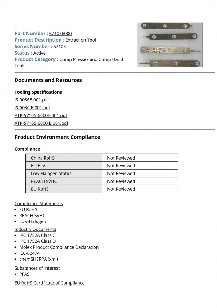 Technical document page 1 for Molex extraction tool