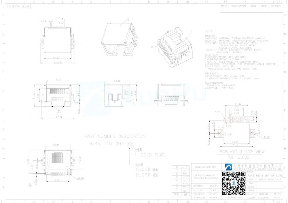 XUNPU RJ45-110-002-11 pin assignment technical image