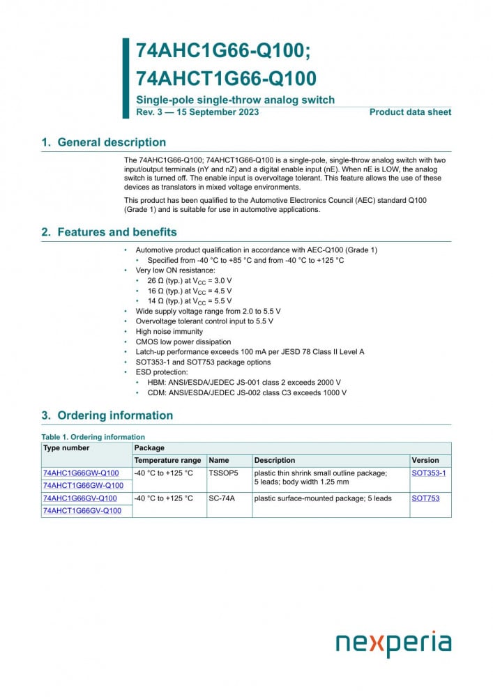 74AHC1G66GW-Q100H datasheet page 1