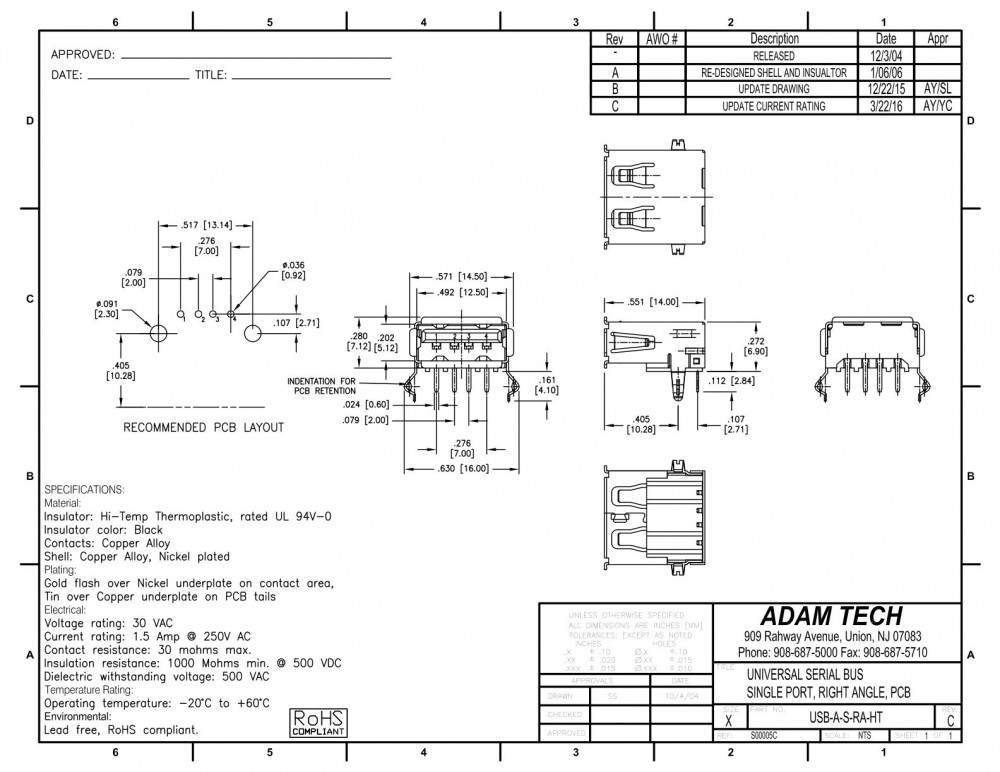 ADAM TECH USB-A-S-RA-HT product drawing