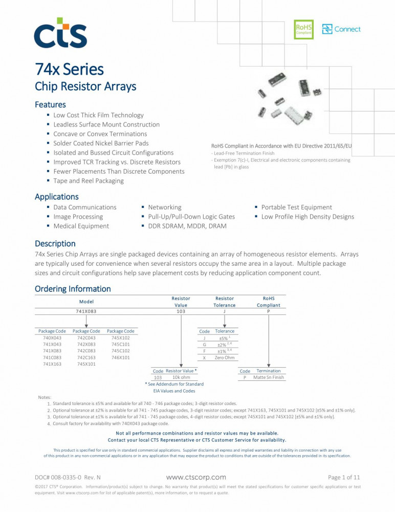 CTS 74x resistor array datasheet page 1