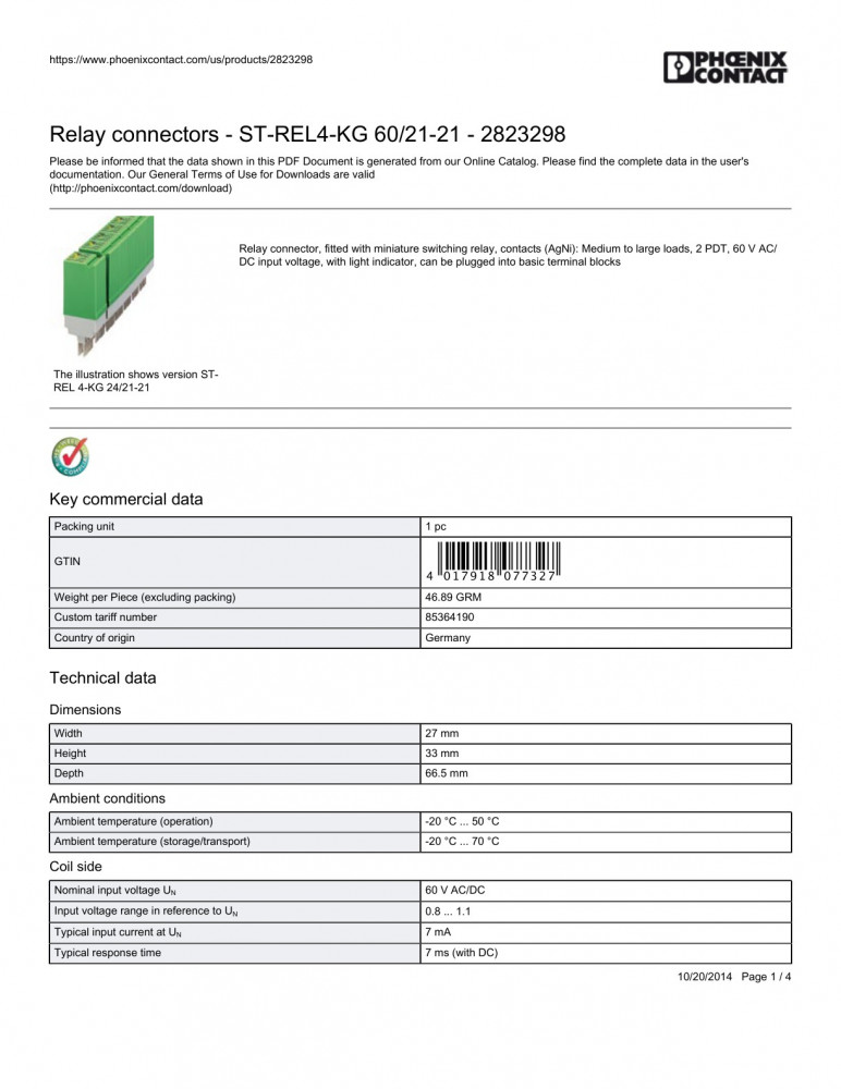 Phoenix Contact 2823298 technical document page 1