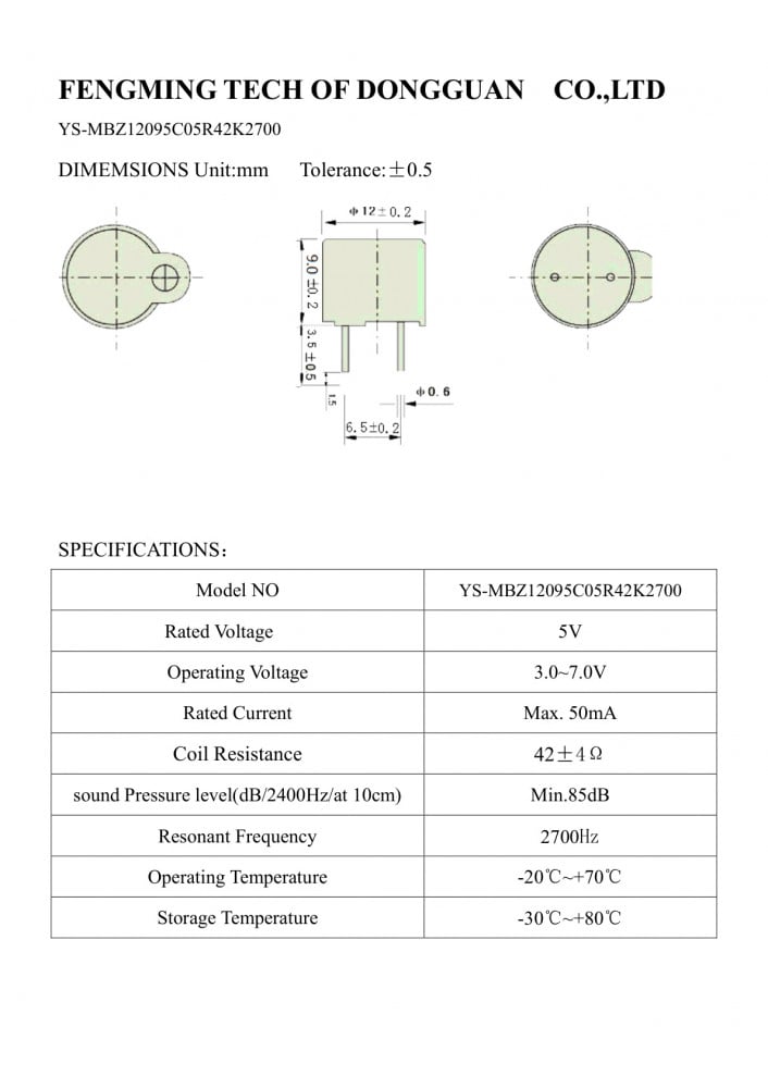 YS-MBZ12095C05R42K2700 acoustic characteristics page