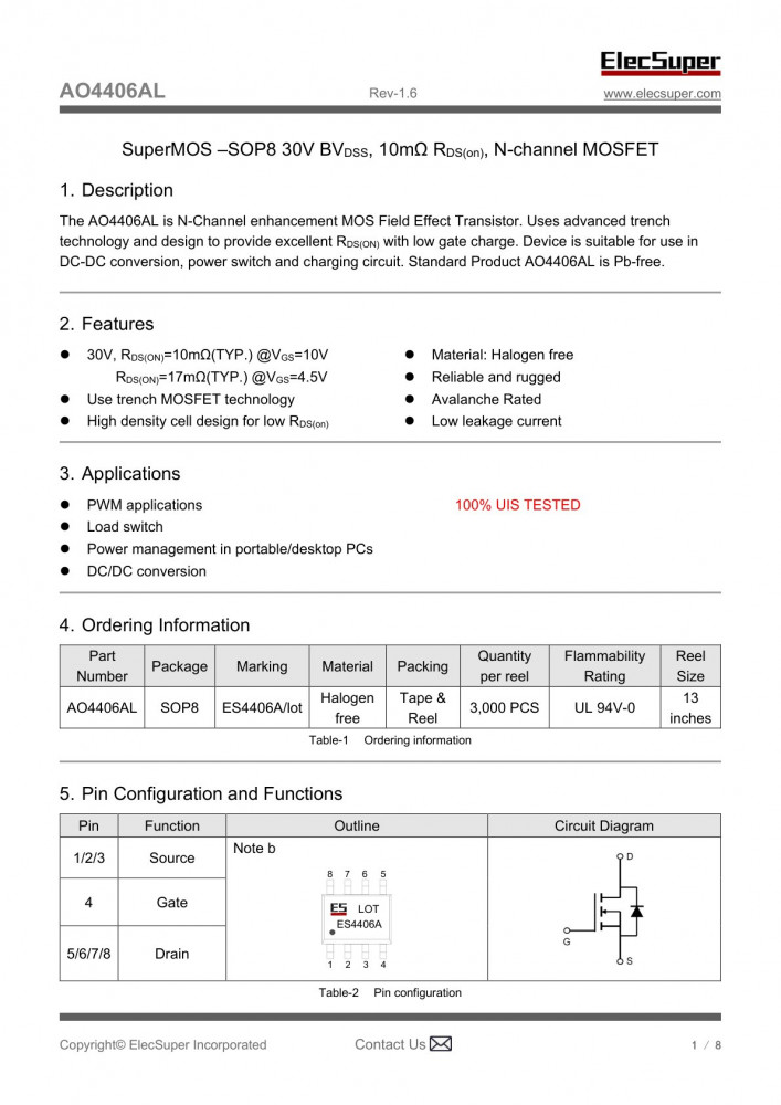 AO4406AL datasheet page 1