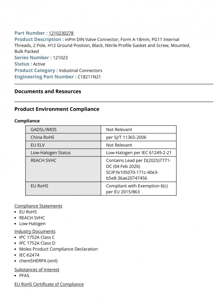 MOLEX C18 DIN valve connector qualification document page 1
