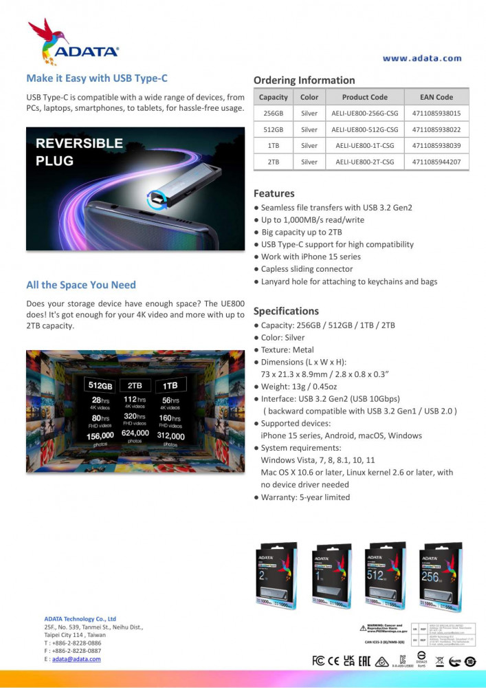 ADATA UE800 technical document page 2