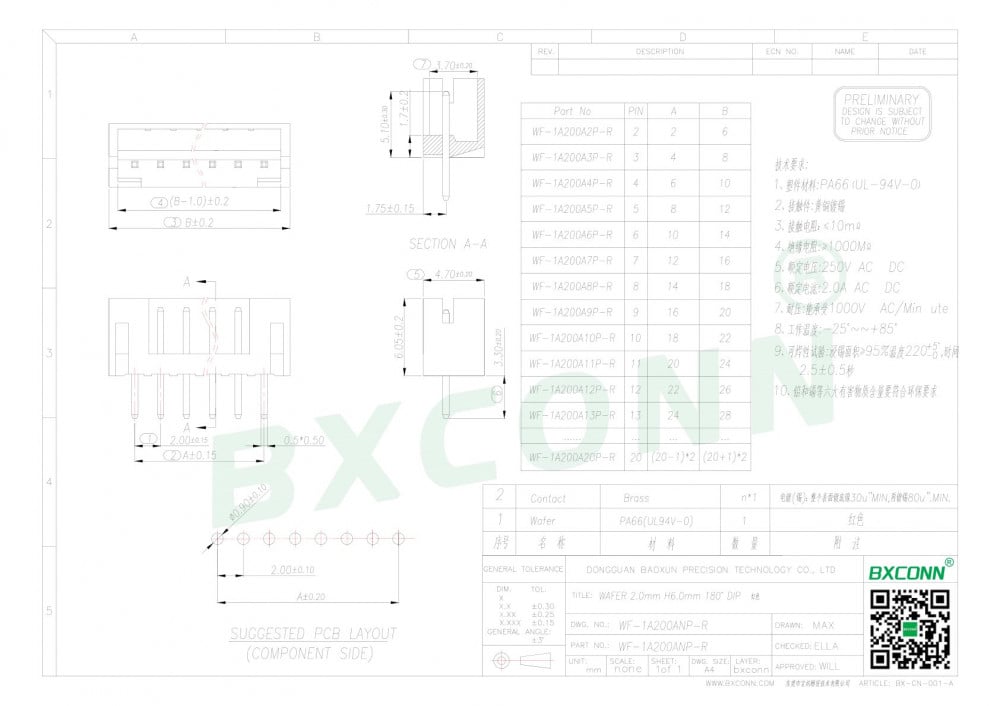 BXCONN WF-1A200A series technical drawing