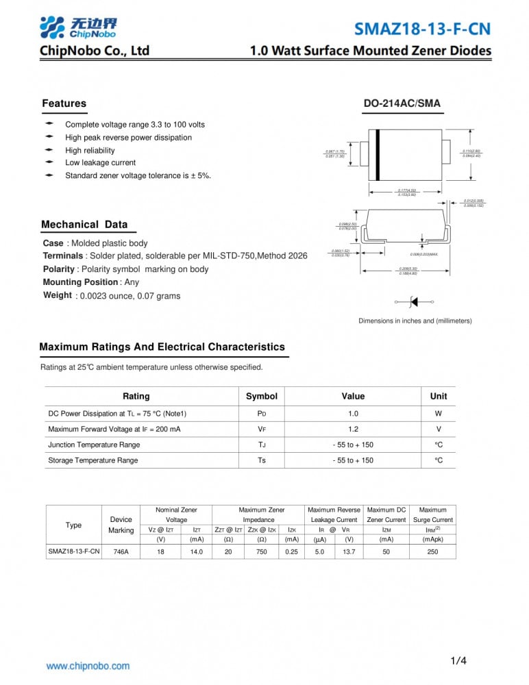 SMAZ18-13-F-CN datasheet page 1