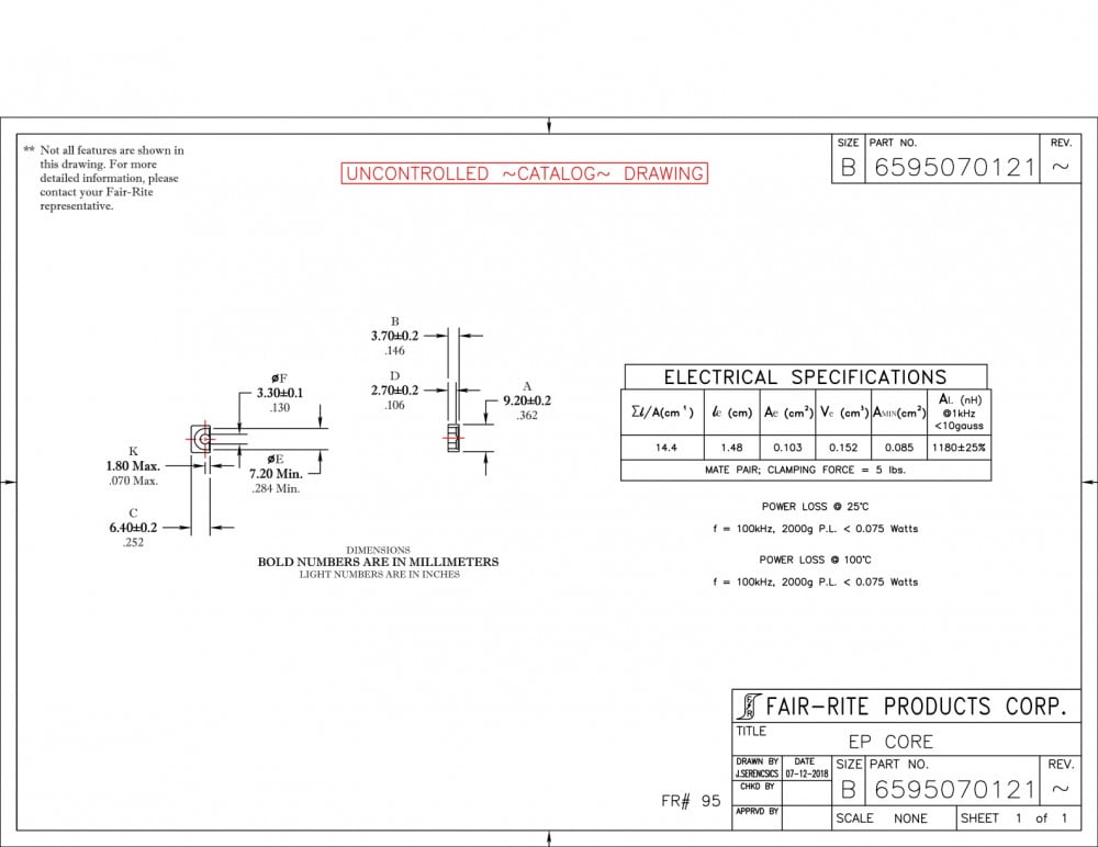 Fair-Rite 6595070121 EP core technical drawing