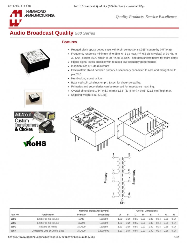 Hammond 560 series technical document page 1