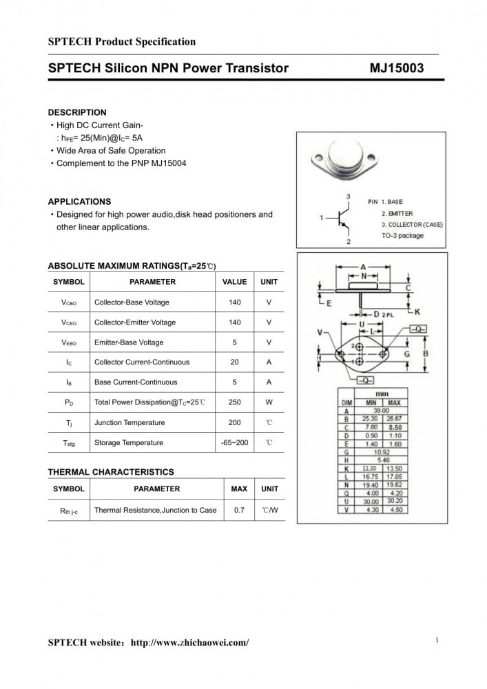 SPTECH MJ15003 datasheet page 1