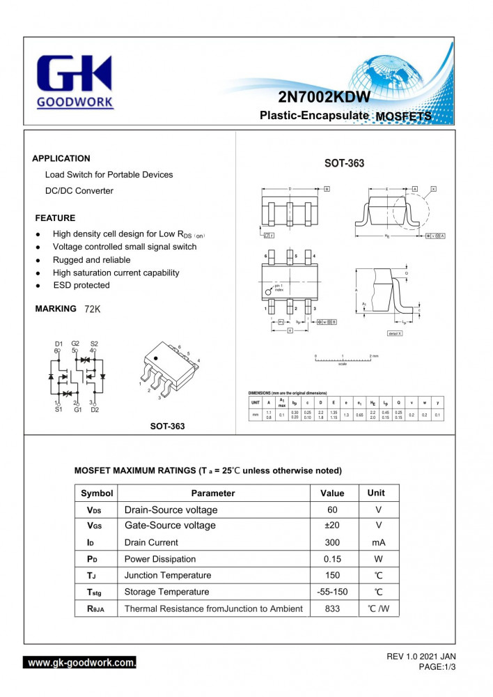 2N7002KDW datasheet page 1