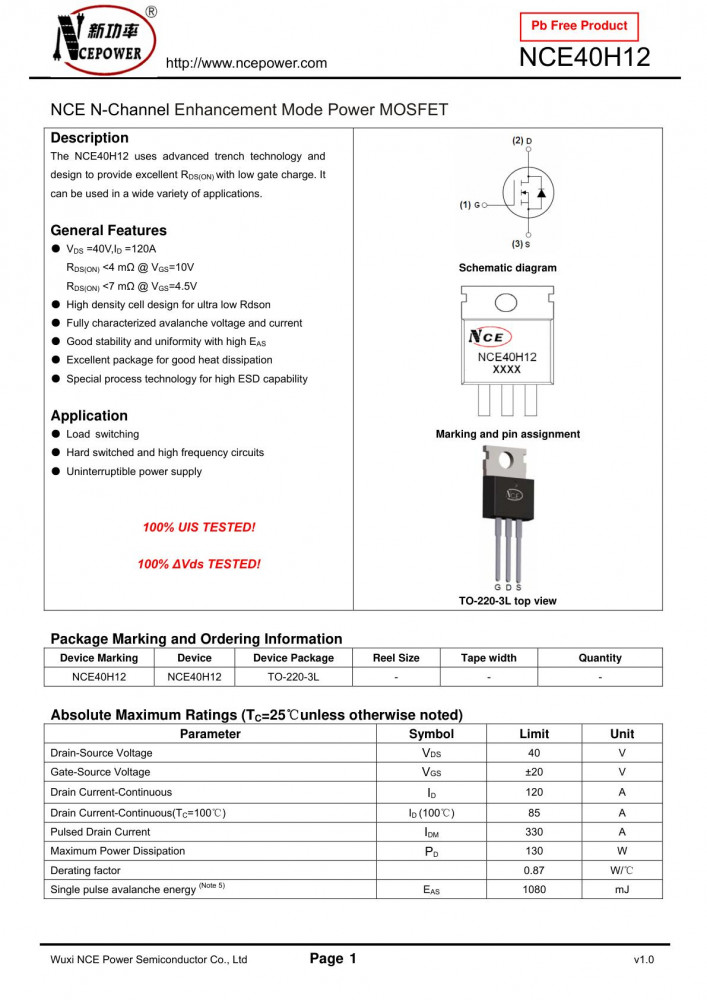 NCE40H12 datasheet page 1