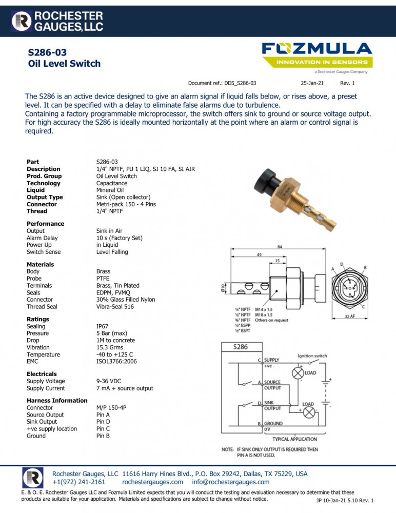 S286-03 oil level switch technical document