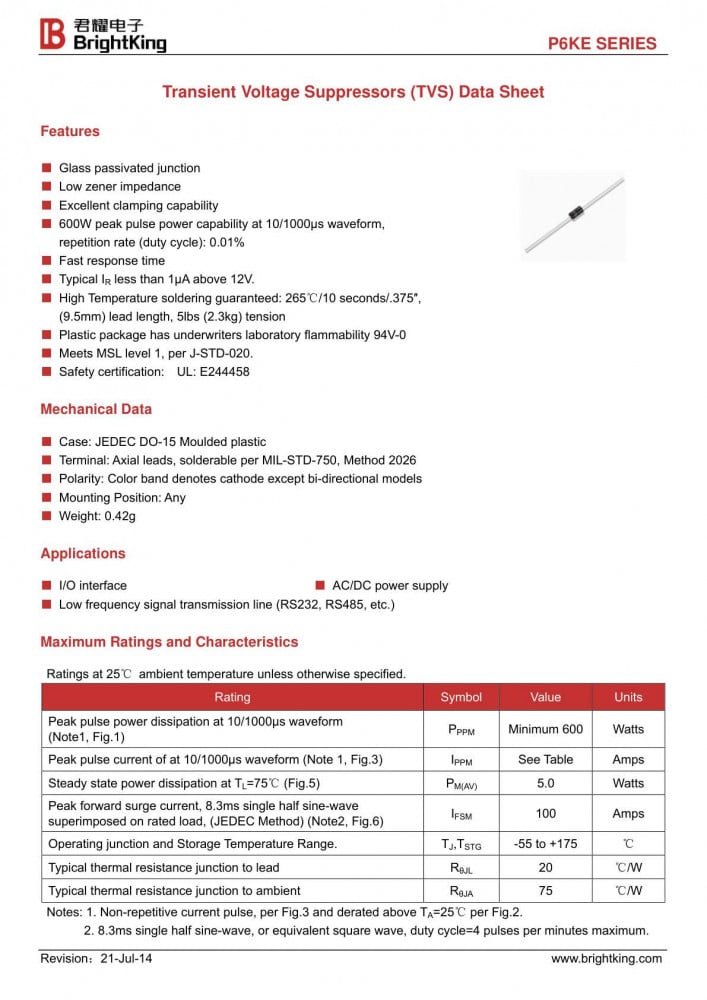 P6KE200A/B datasheet page 1