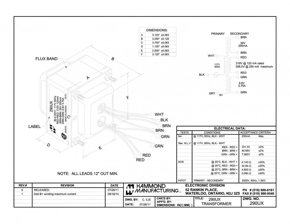 Hammond 290UX transformer drawing and electrical data