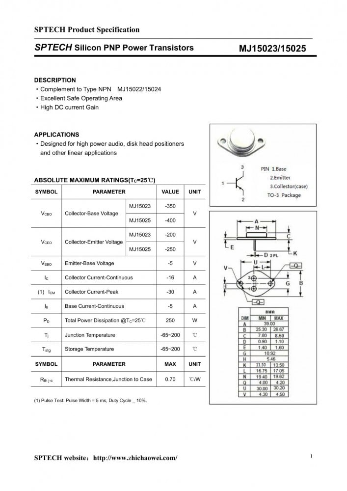 SPTECH MJ15025 datasheet page 1
