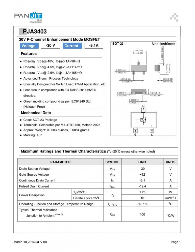 PJA3403 datasheet page 1
