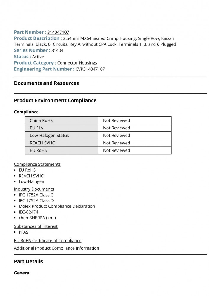 Technical document image 1 for MOLEX 314047107