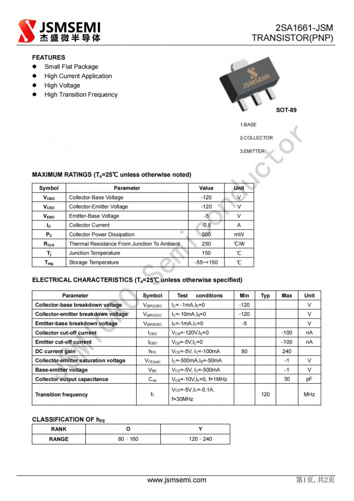 2SA1661-JSM technical document page 1