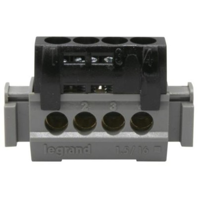 IP2X terminal block - Phase (black) - 4x1.5mm² to 16mm² screw terminals - DIN rail mounting - Length 47mm for sale