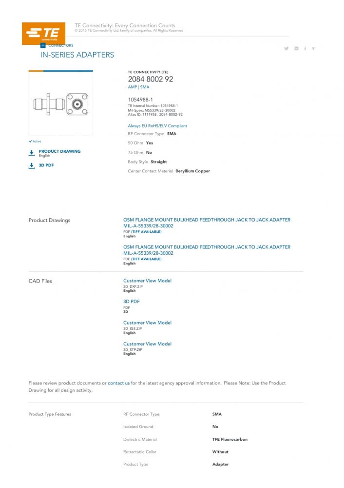 TE Connectivity 1054988-1 product document page 1