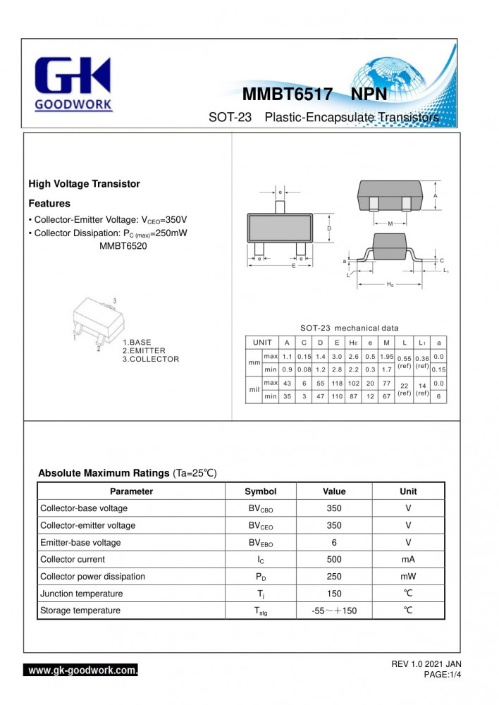 MMBT6517 technical document page 1