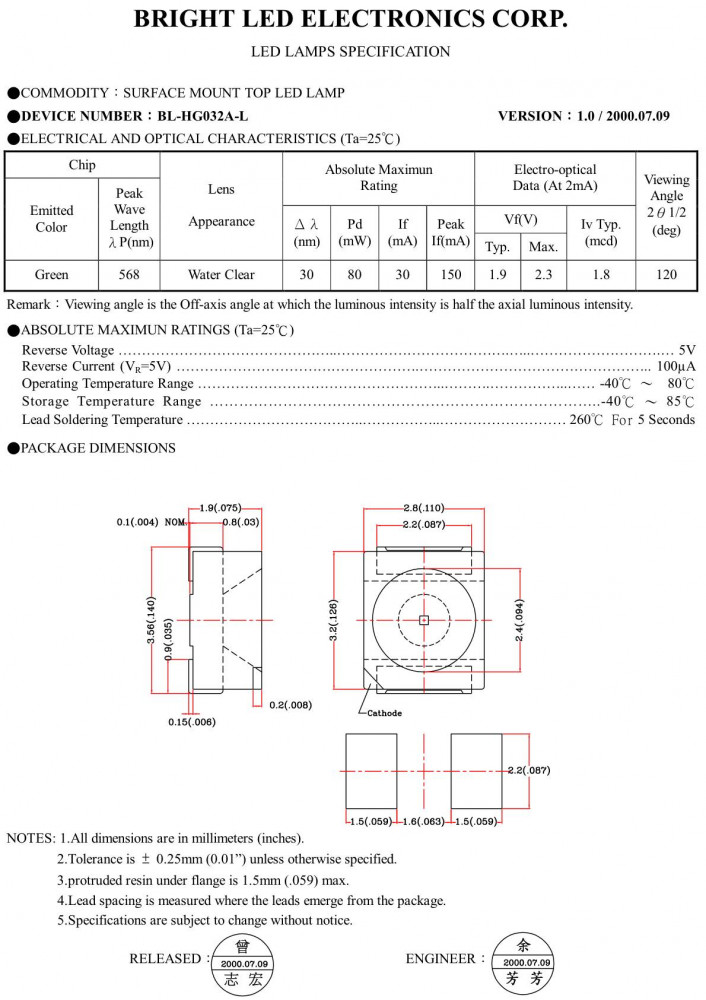 BL-HG032A-L LED lamp specification page 1