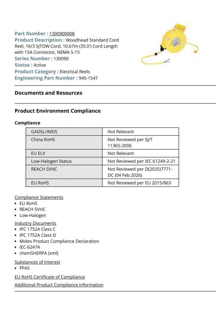 Product documentation page 1 for MOLEX 1300900008