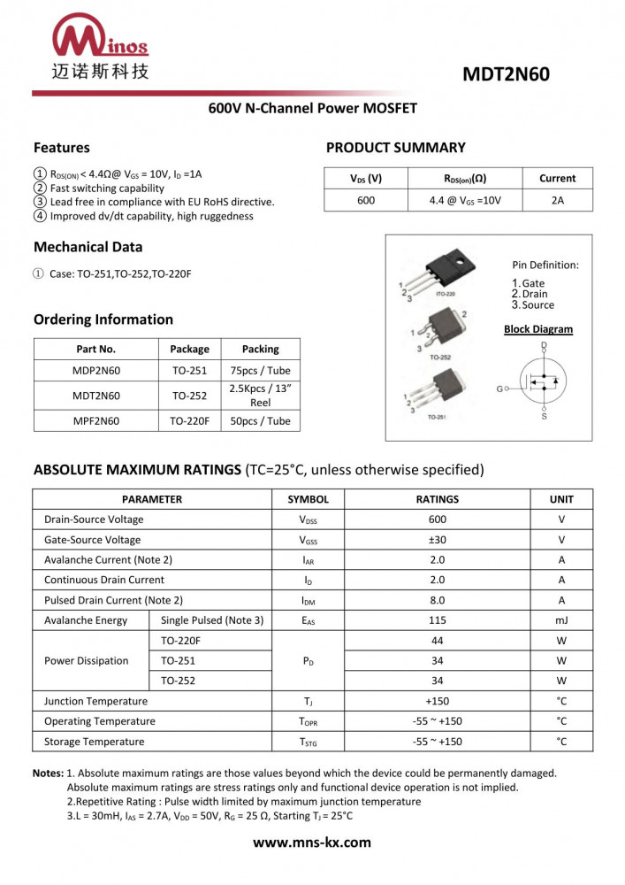 MDT2N60 datasheet page 1