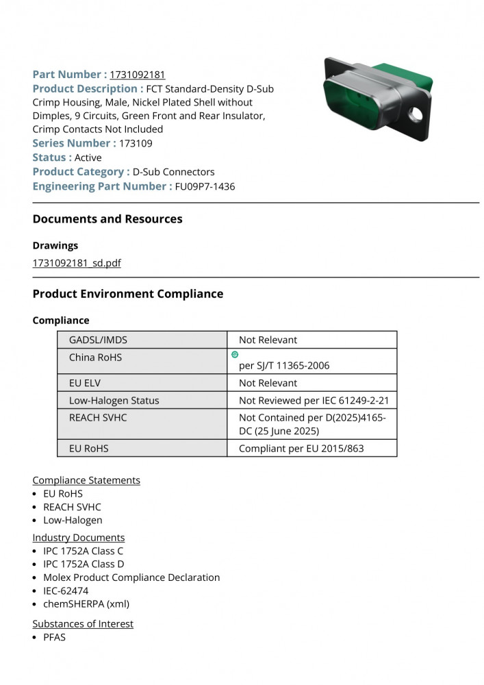 MOLEX 1731092181 technical document, page 1