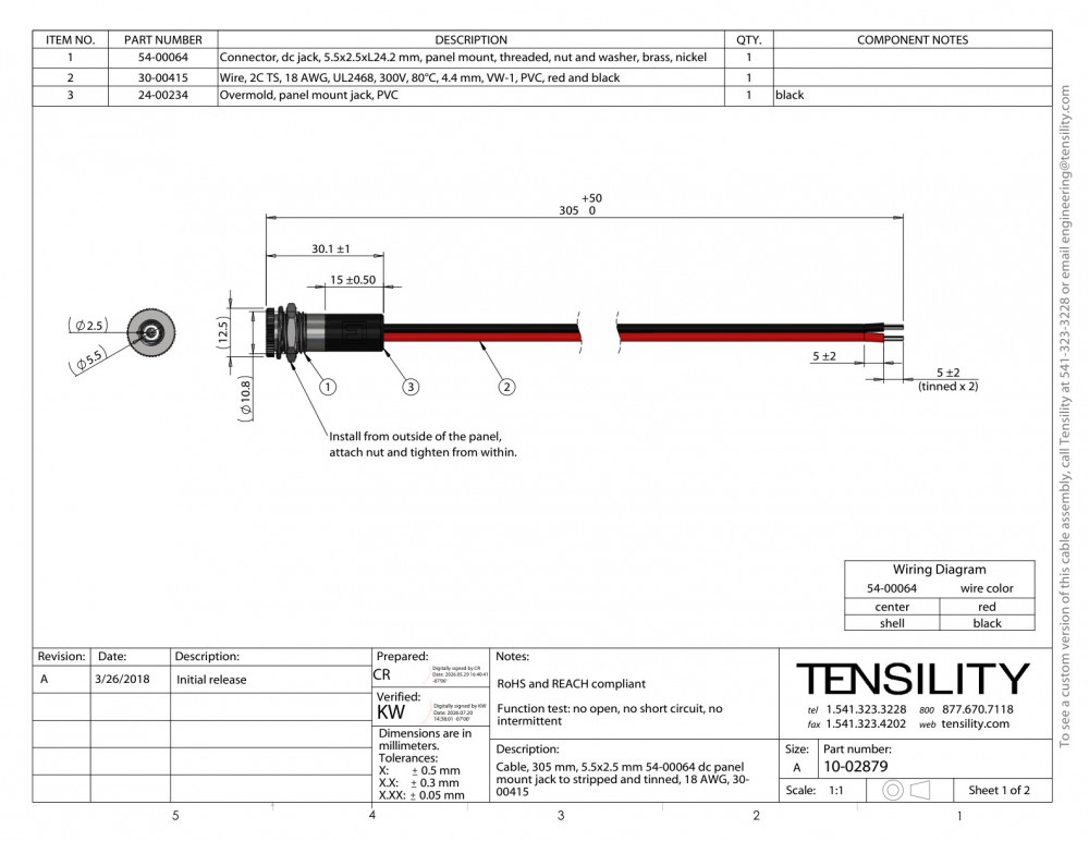 Tensility 10-02879 product drawing, page 1