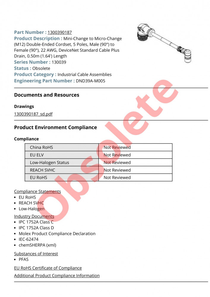 Technical document page 1 for MOLEX 1300390187