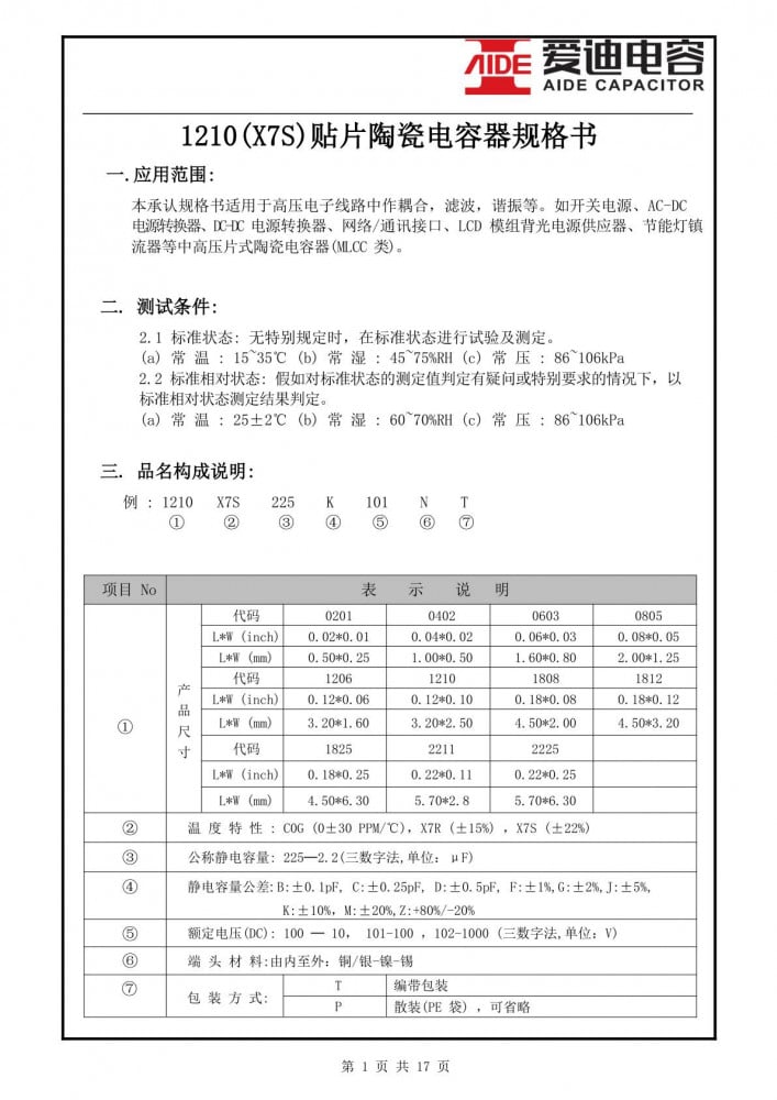 1210 X7S MLCC datasheet page 1
