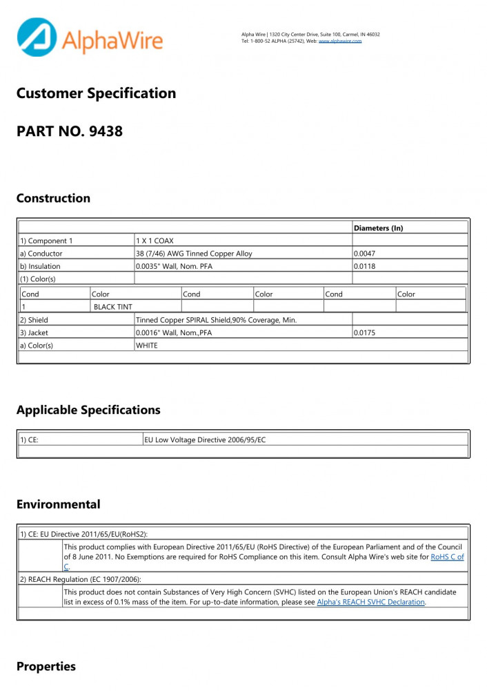 Alpha Wire 9438 WH033 technical document page 1