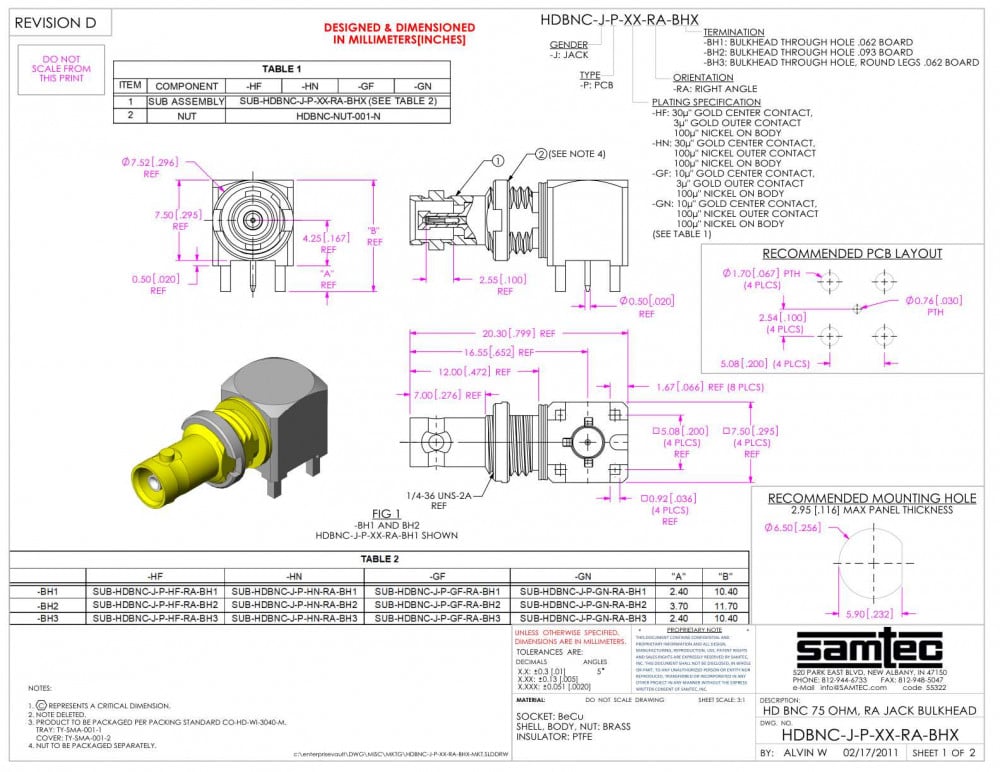 Samtec HDBNC drawing page 1