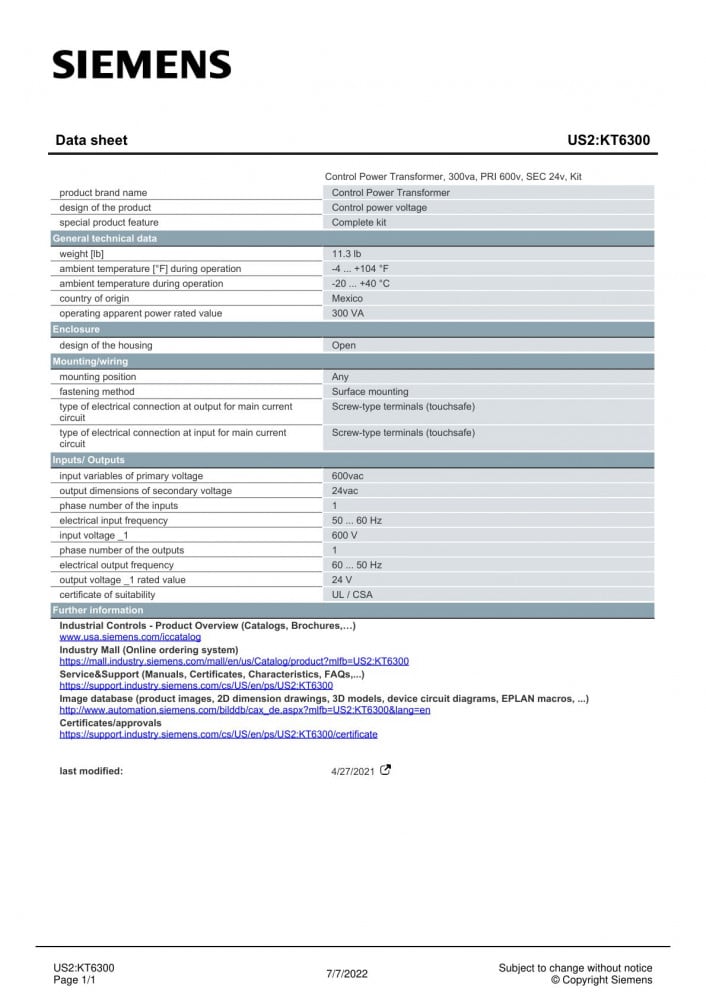 SIEMENS KT6300 technical document preview