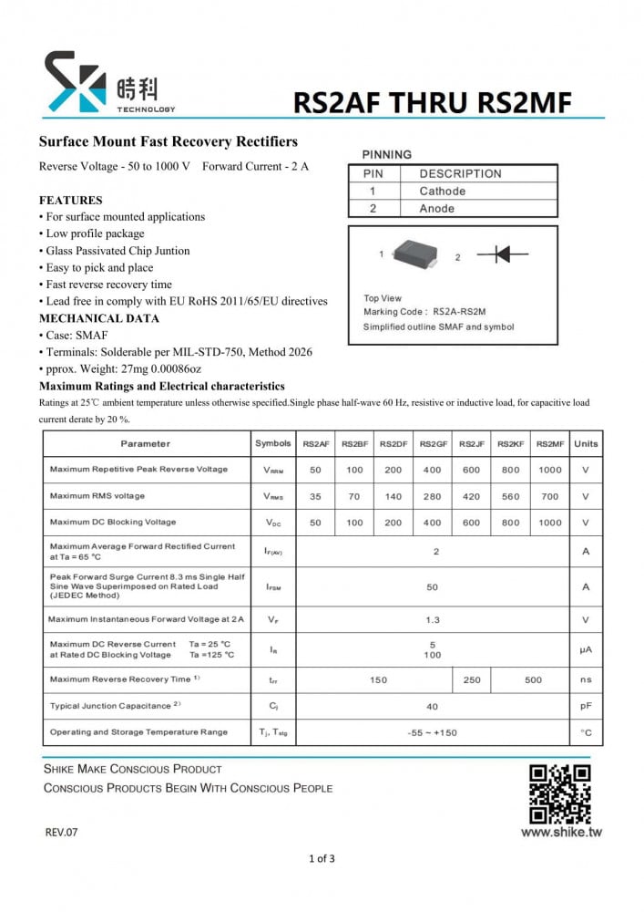 RS2MF datasheet page 1