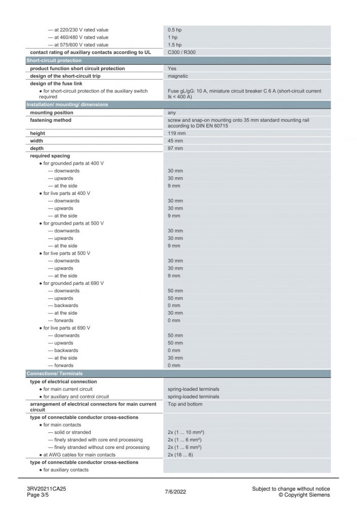 3RV20211CA25 technical document page 3
