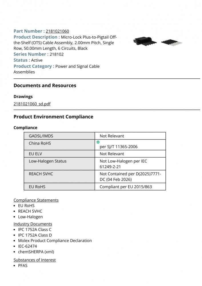 MOLEX 2181021060 drawing preview, page 1