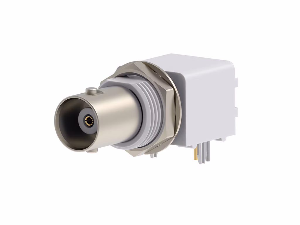 BNC Jack, Right-Angle, Bulkhead Receptacle, PCB, with Board Lock Legs, White PBT Housing, Housing Height 13.20mm, Nut and Lockwasher Included, Tray, 50 Ohms