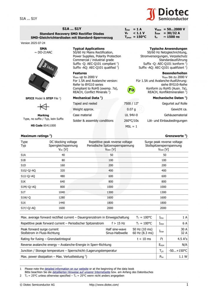 DIOTEC S1K datasheet page 1
