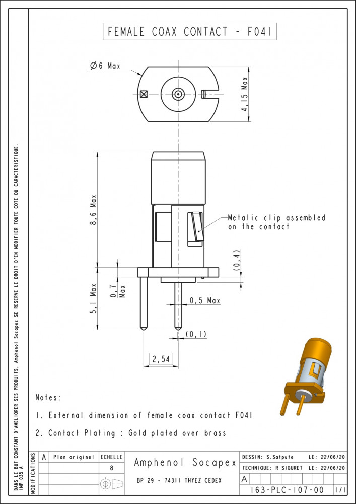Amphenol F041 female coax contact drawing