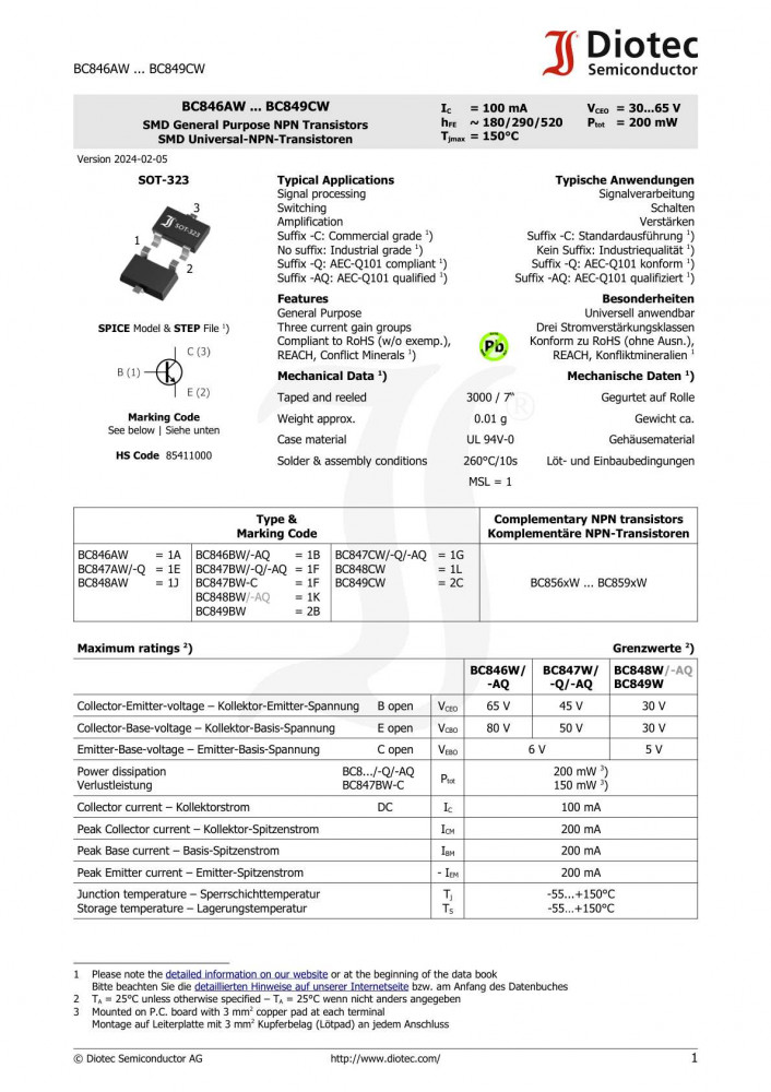BC849CW technical document page 1