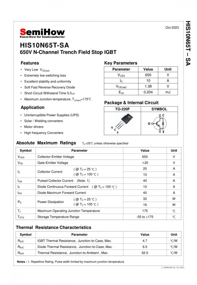 HIS10N65T-SA datasheet page 1
