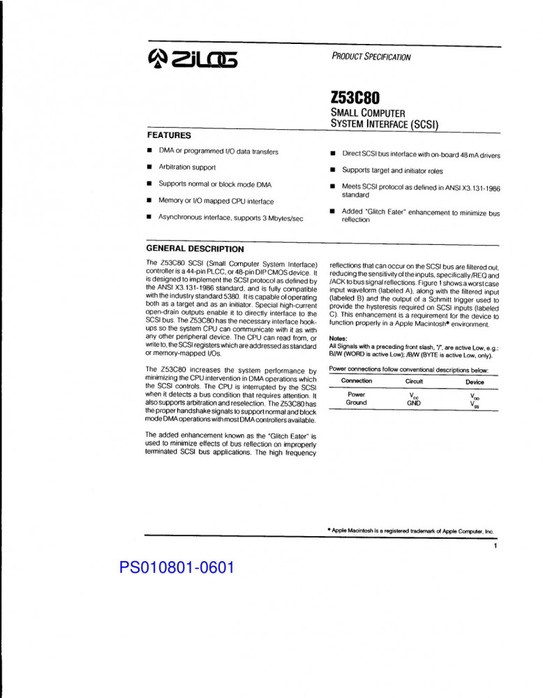 Zilog Z53C80 SCSI specification page 3