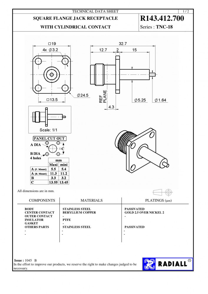 Radiall R143412700 technical document, page 1