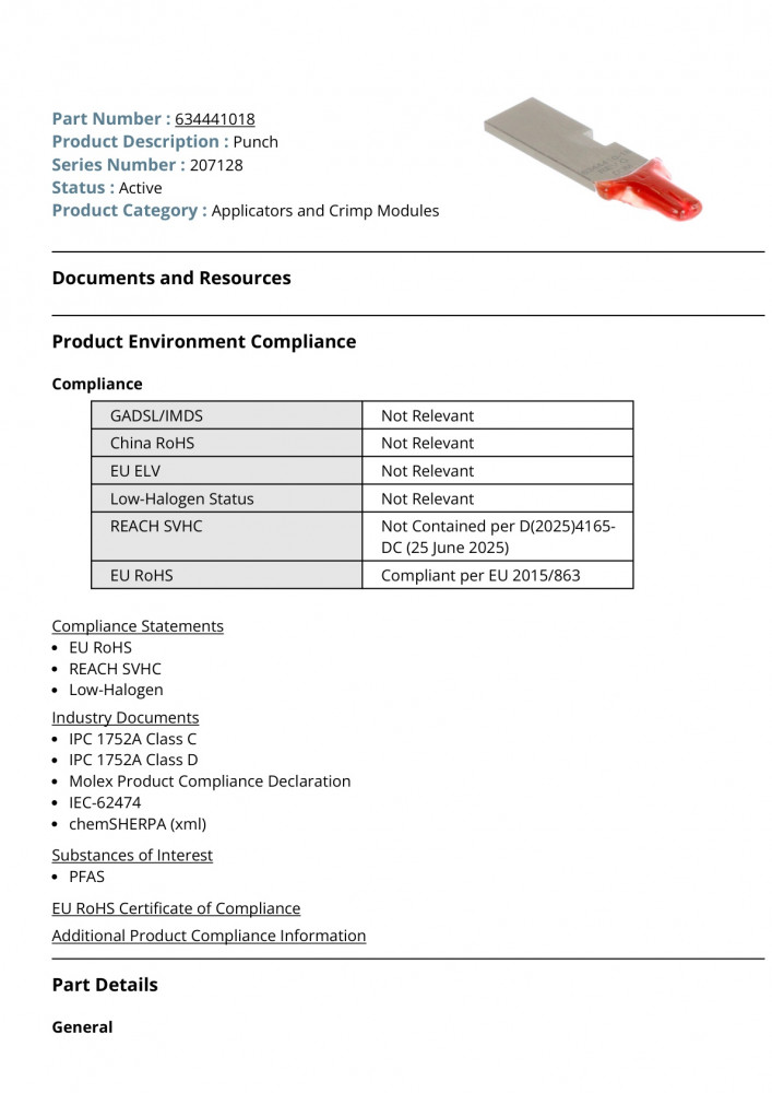 Technical document preview, page 1 for Molex tooling model 634441018